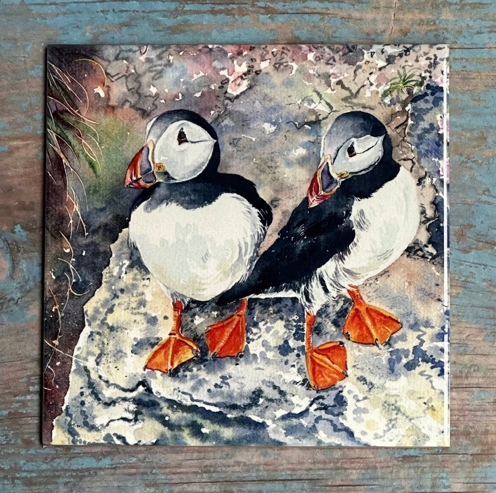 Large ceramic tile/Puffin twins – www.janeglue.com